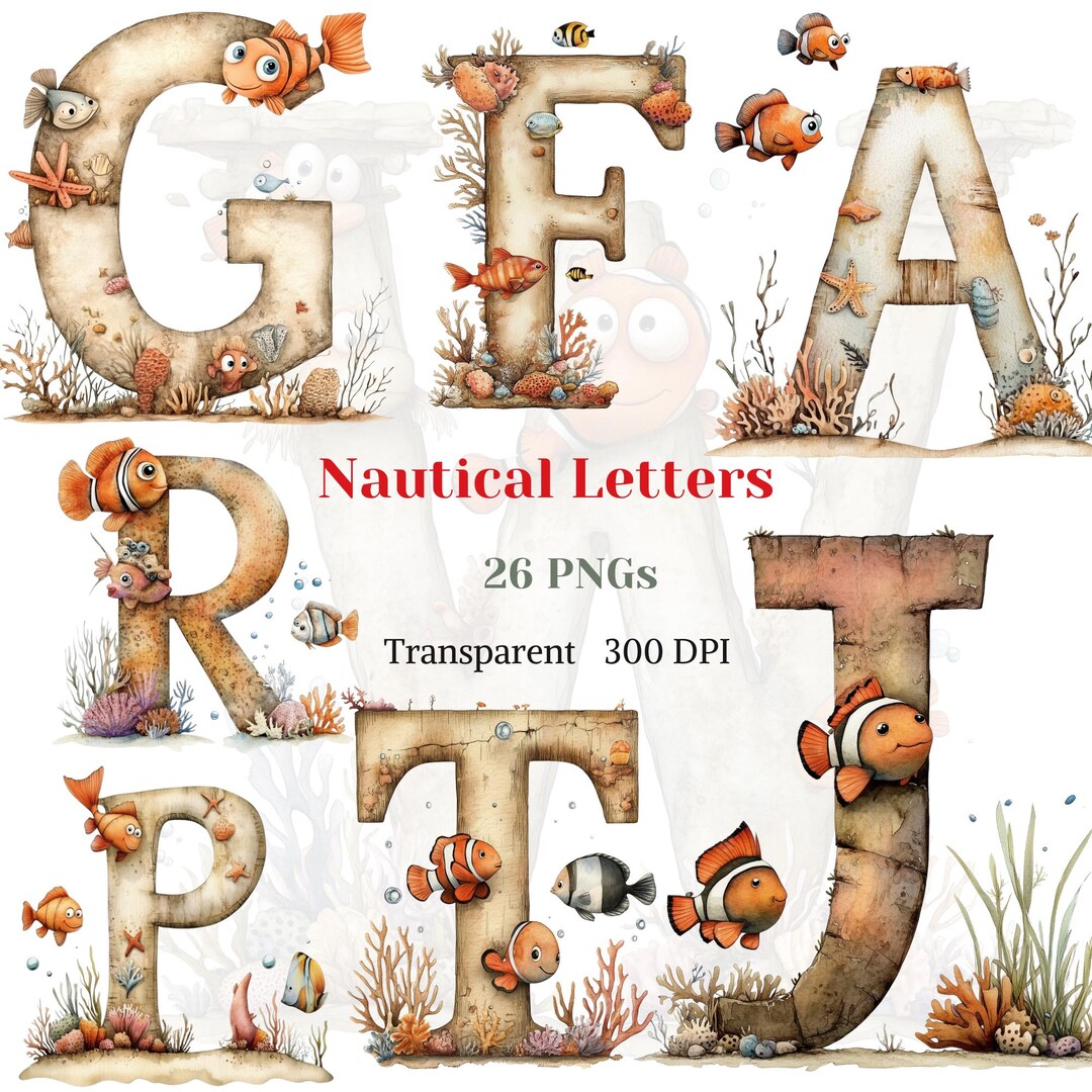 Nautical Alphabet Clipart, Watercolor Ocean Letters Image, Deep Sea ...