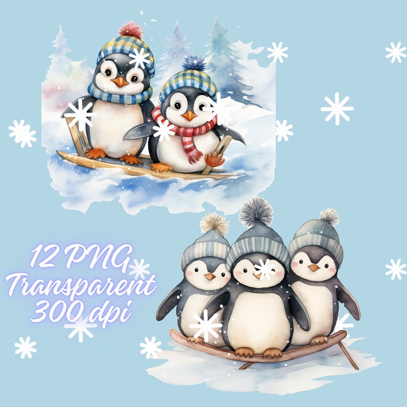Adorable Penguin Clipart Watercolor PNG Winter Sport Graphic Cute Ice ...