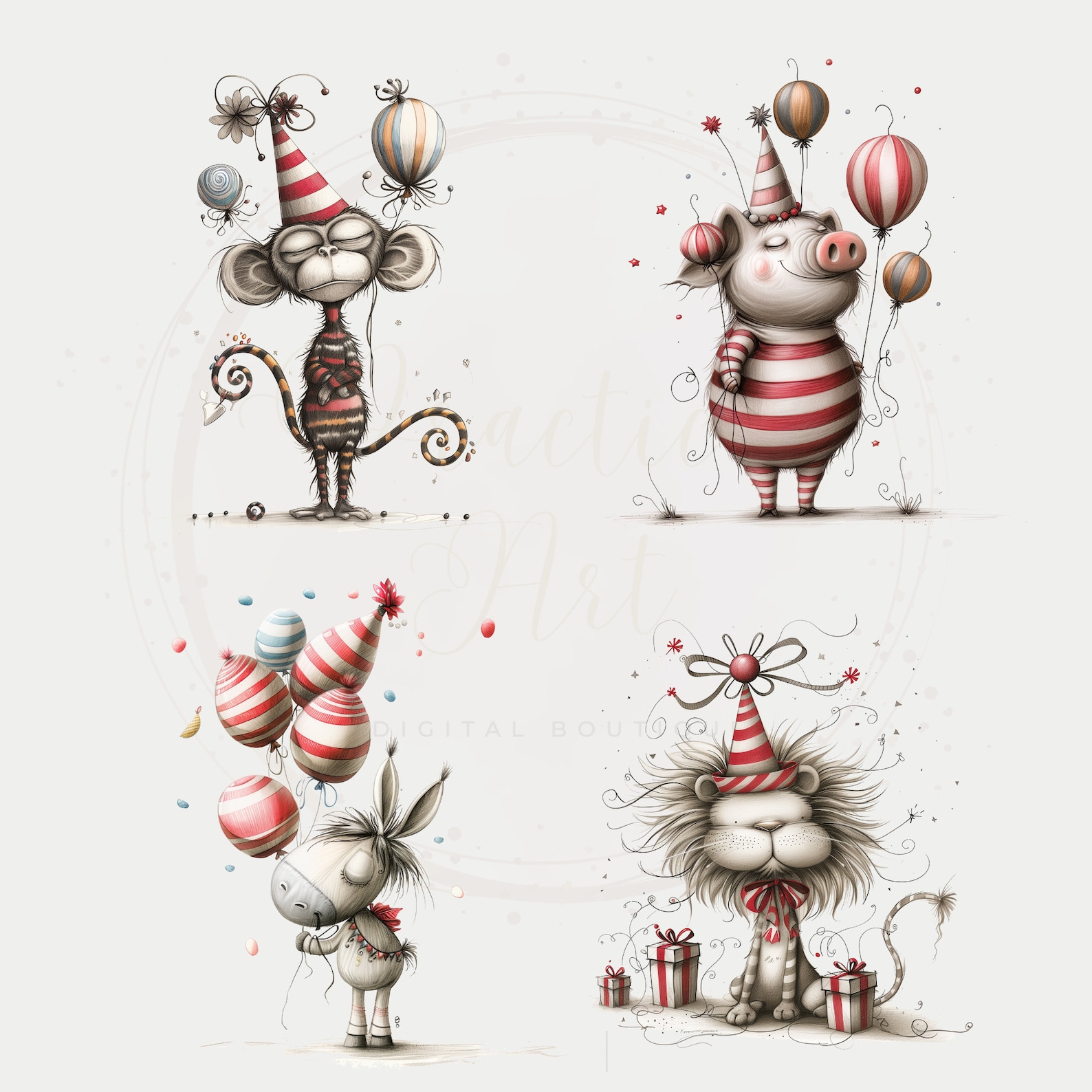 Whimsical Party Animals Clipart Quirky Funny Animal Image Transparent ...