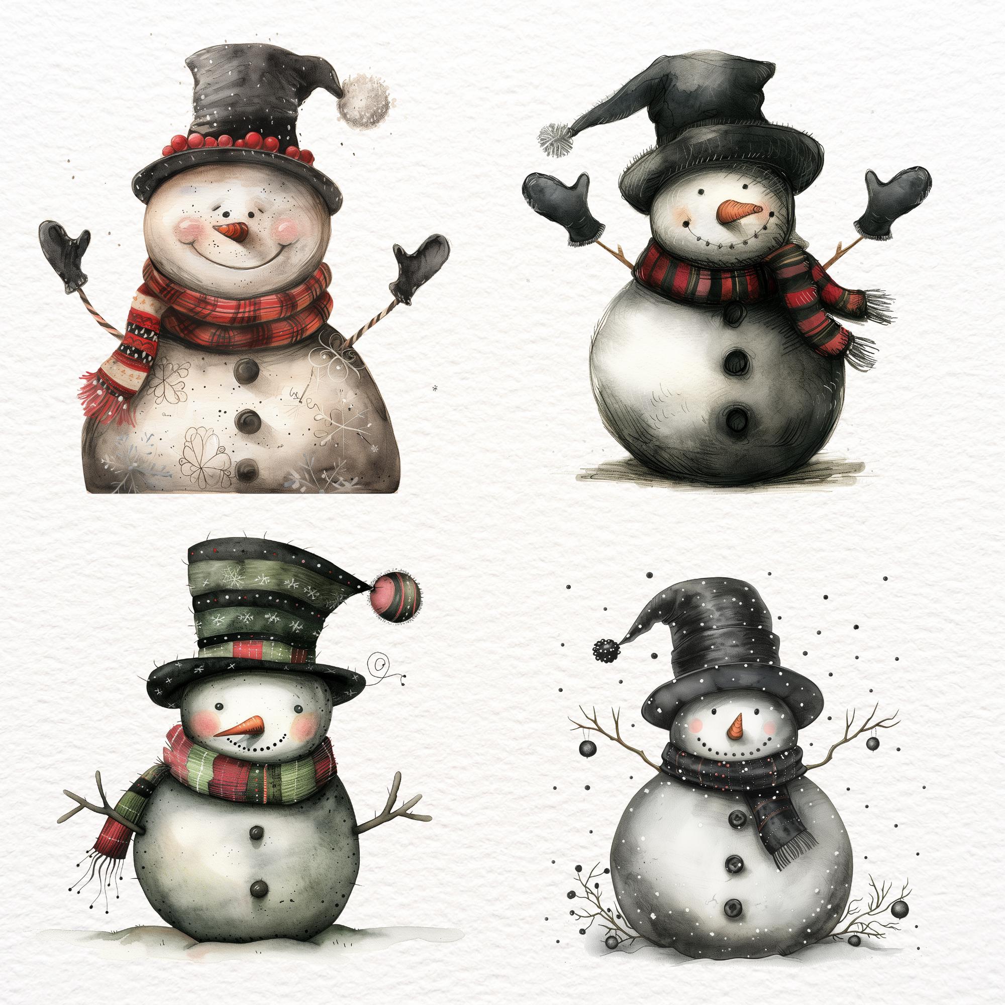 Whimsical Black Snowman Clipart, Watercolor Black Snowman PNG, Noel ...