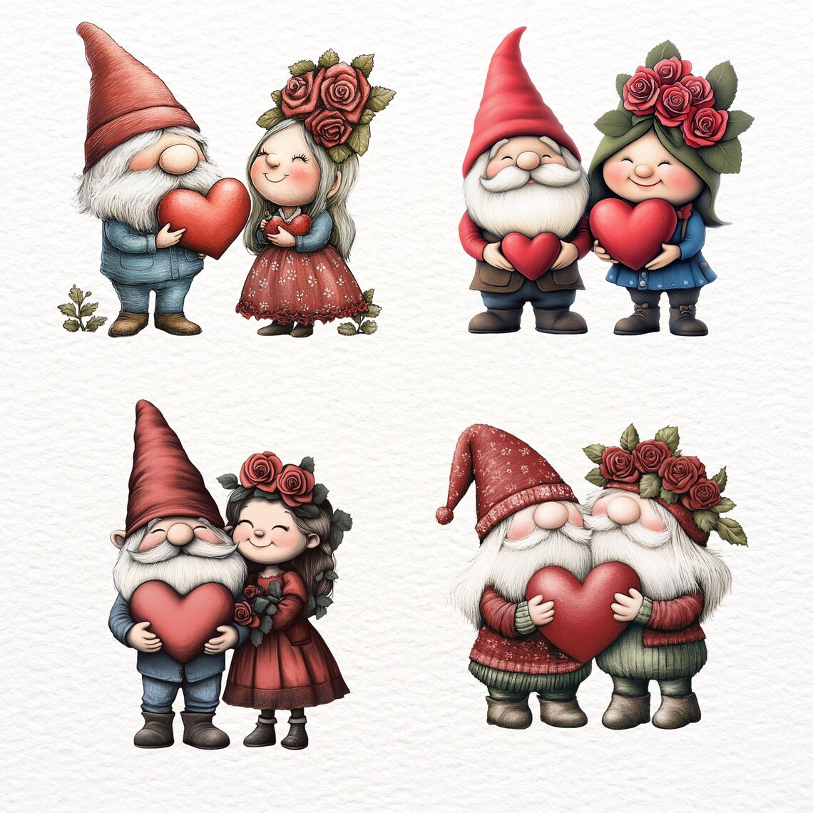 Valentine Gnome Couple Clip Art, Watercolor Gnomes Partners Image, Cute ...