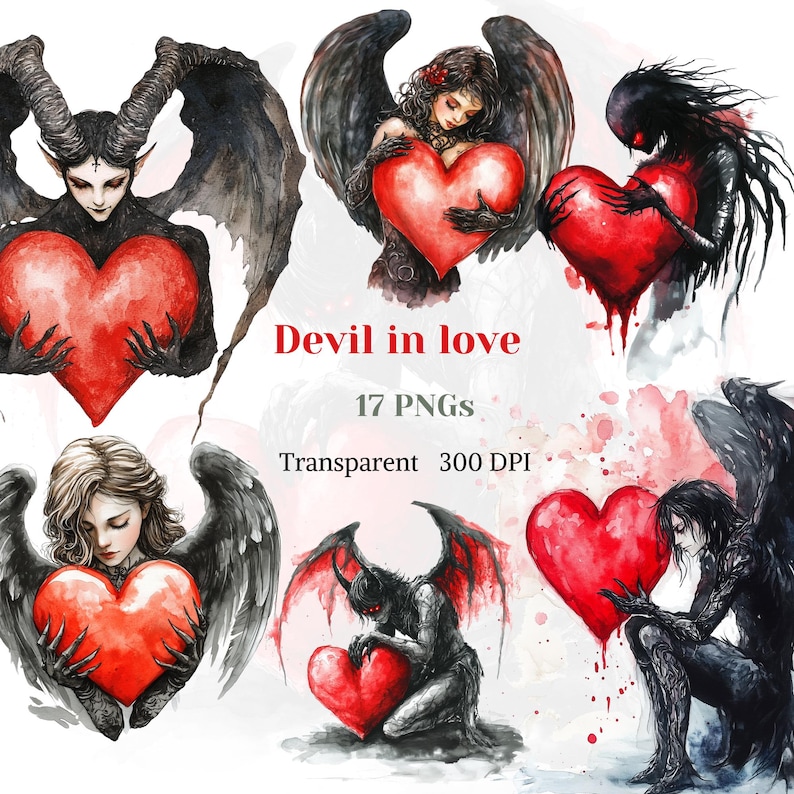 Devil in Love Clipart Watercolor Gothic Valentines Image Demon Holding ...