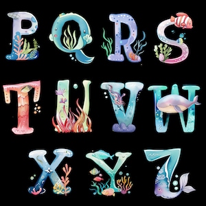 Ocean Alphabet Clipart Watercolor Transparent Sealife Graphic Name ...