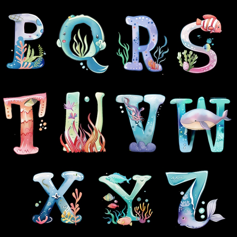 Ocean Alphabet Clipart Watercolor Transparent Sealife Graphic Name ...