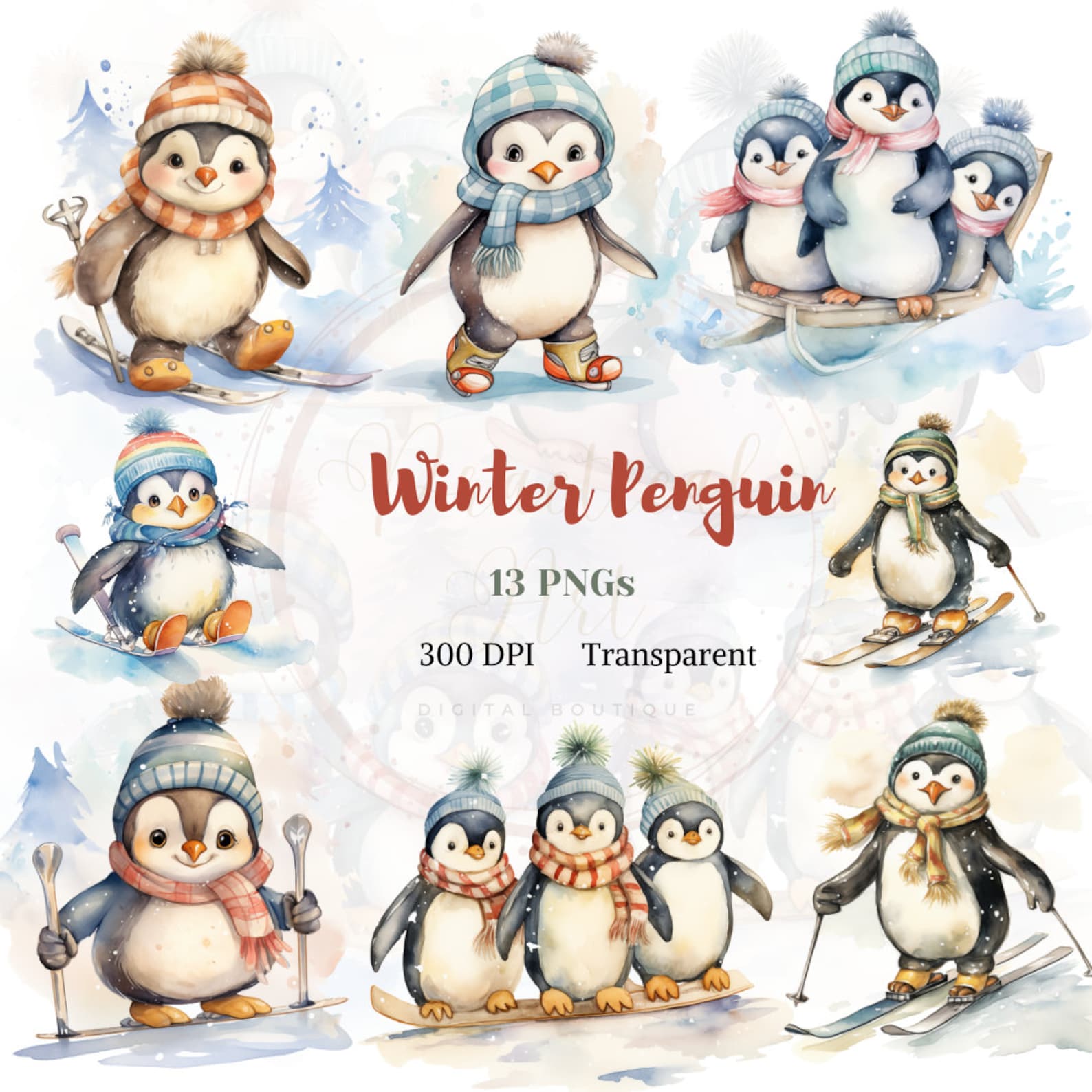 Adorable Penguin Clipart Watercolor PNG Winter Sport Graphic Cute Ice ...