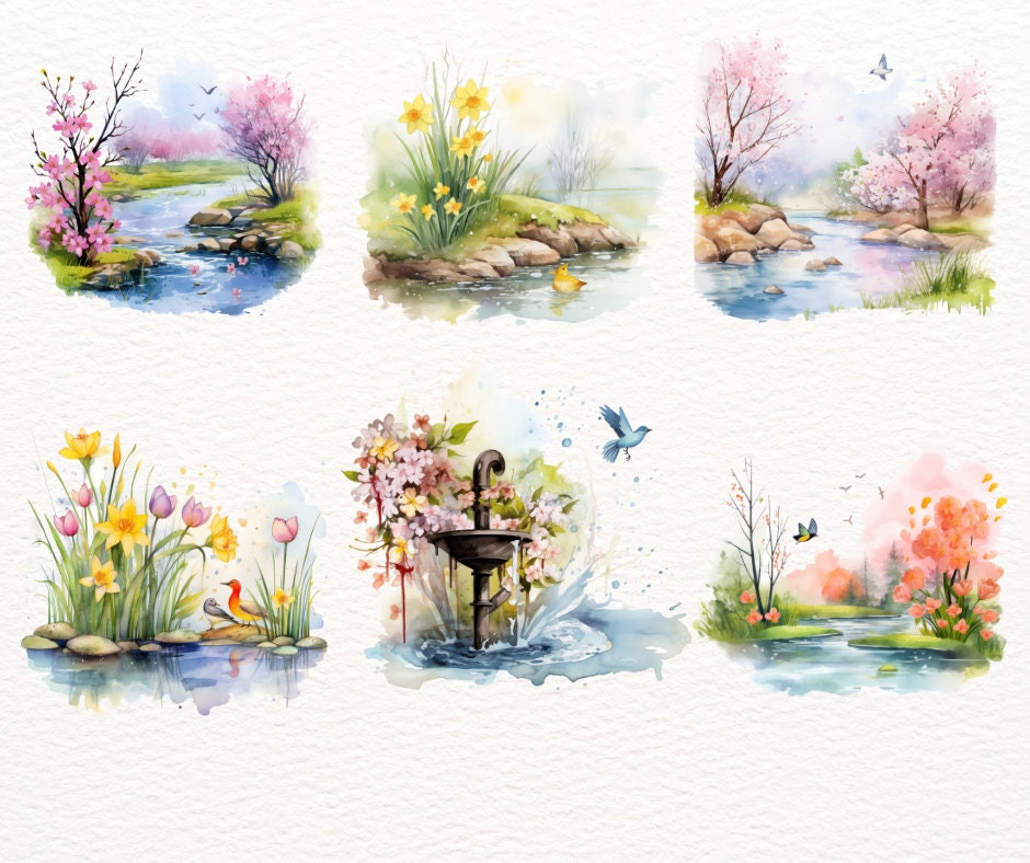 Spring Cottage Clipart, Watercolor Spring Landscape PNG, Stream River ...