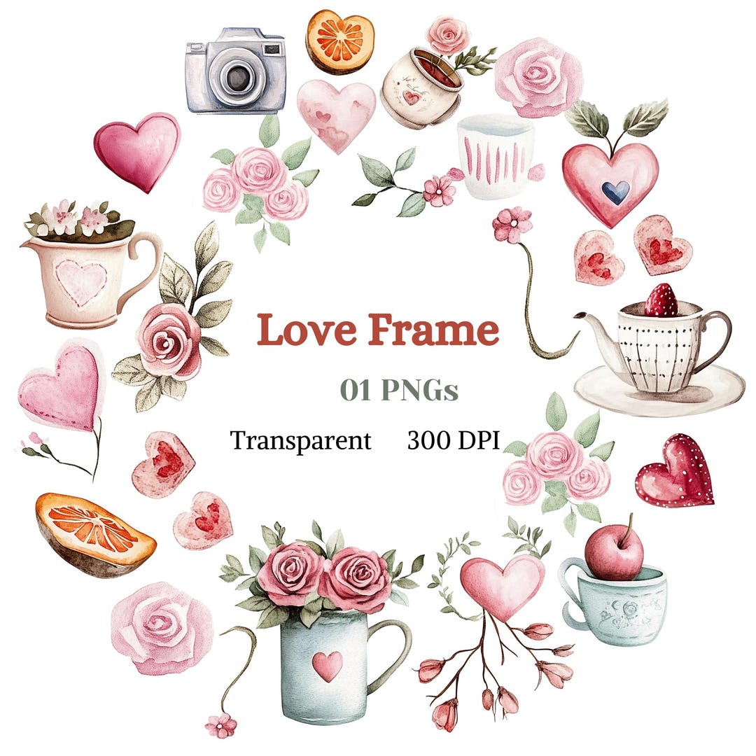 Love Frame Clipart Watercolor Valentines Heart Wreath for Love Card ...