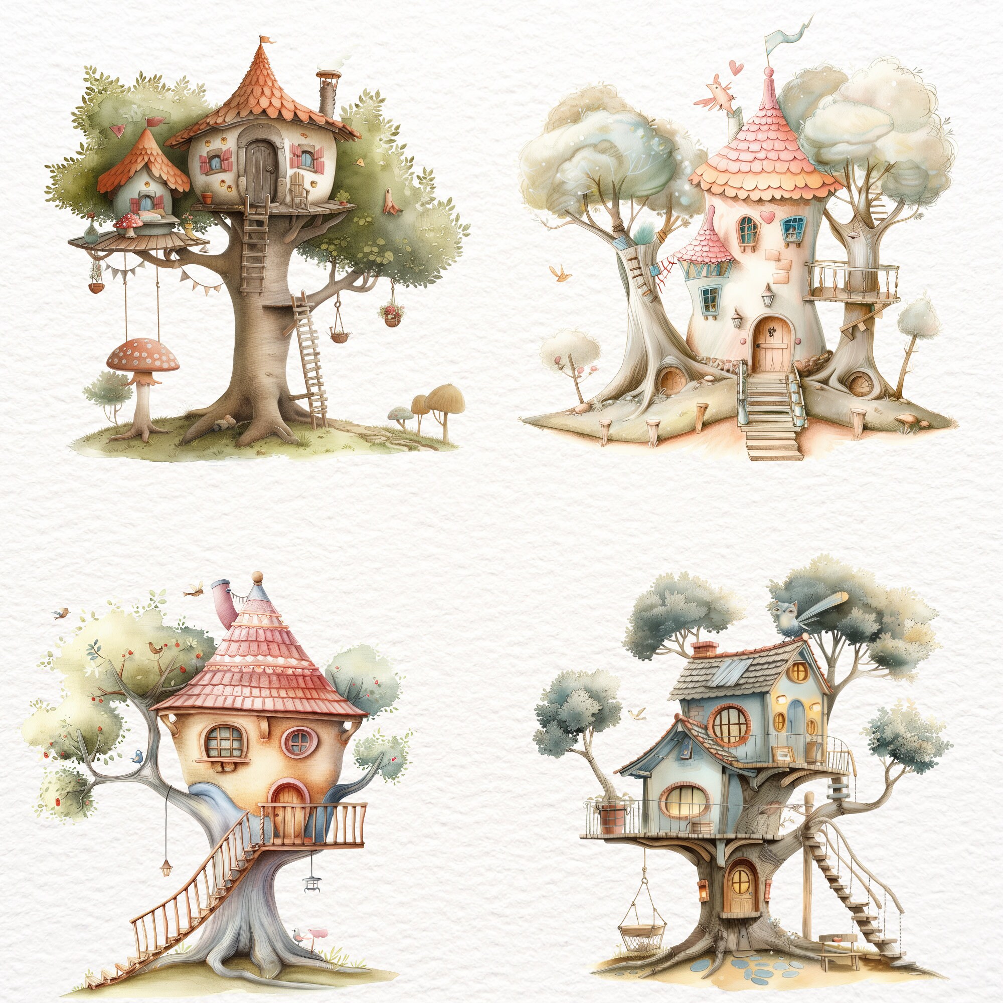 Whimsical Tree House Clipart Watercolor Transparent PNG Tree House ...