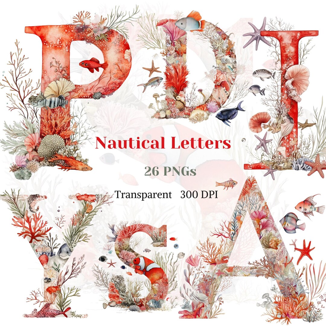 Nautical Alphabet Clipart, Watercolor Ocean Letters Image, Deep Sea ...