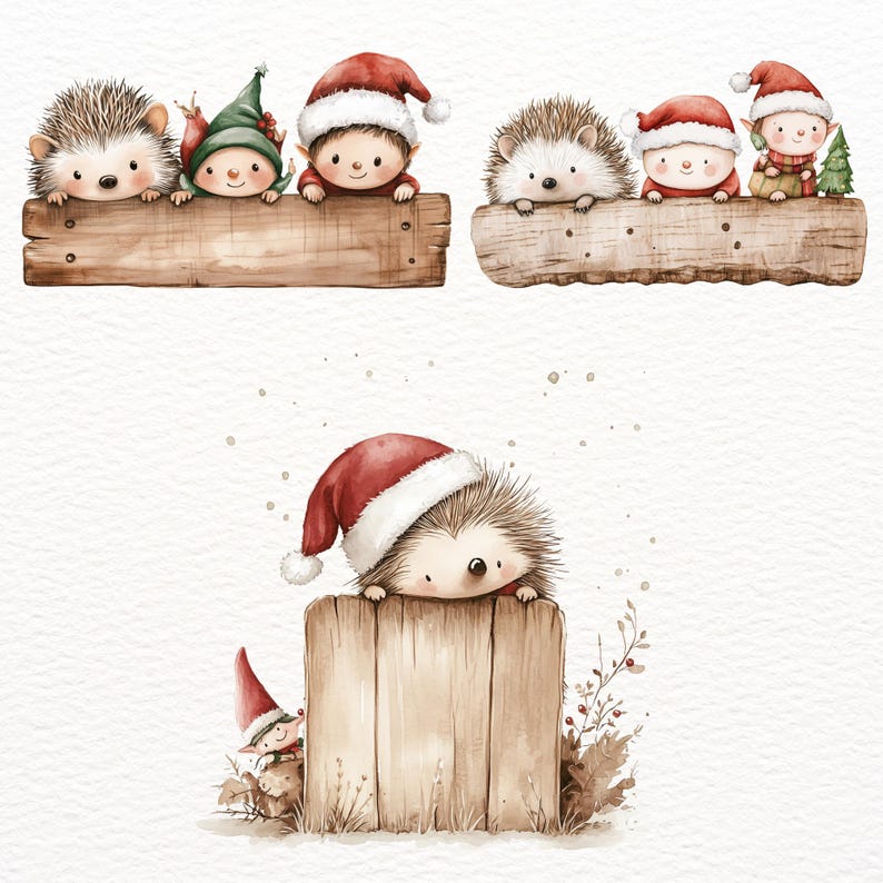 Christmas Peekaboo Clipart, Watercolor Christmas Elf Santa Hedgehog ...