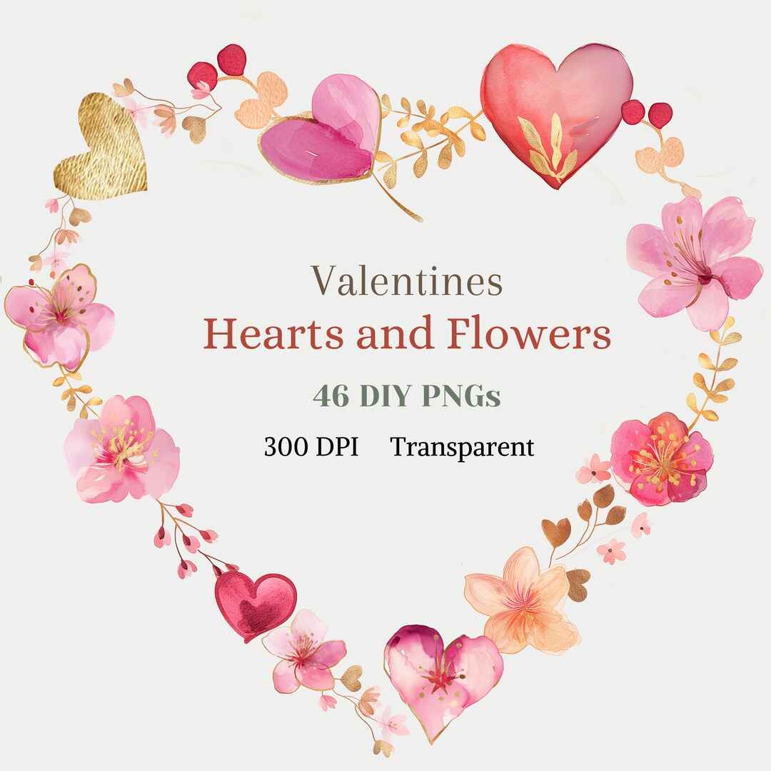 Valentines Hearts and Flowers Clipart DIY Elements Image Heart Flower ...