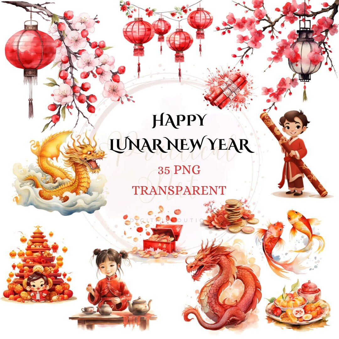 Chinese New Year Clipart Bundle Transparent PNG, 300 DPI Vibrant Images ...