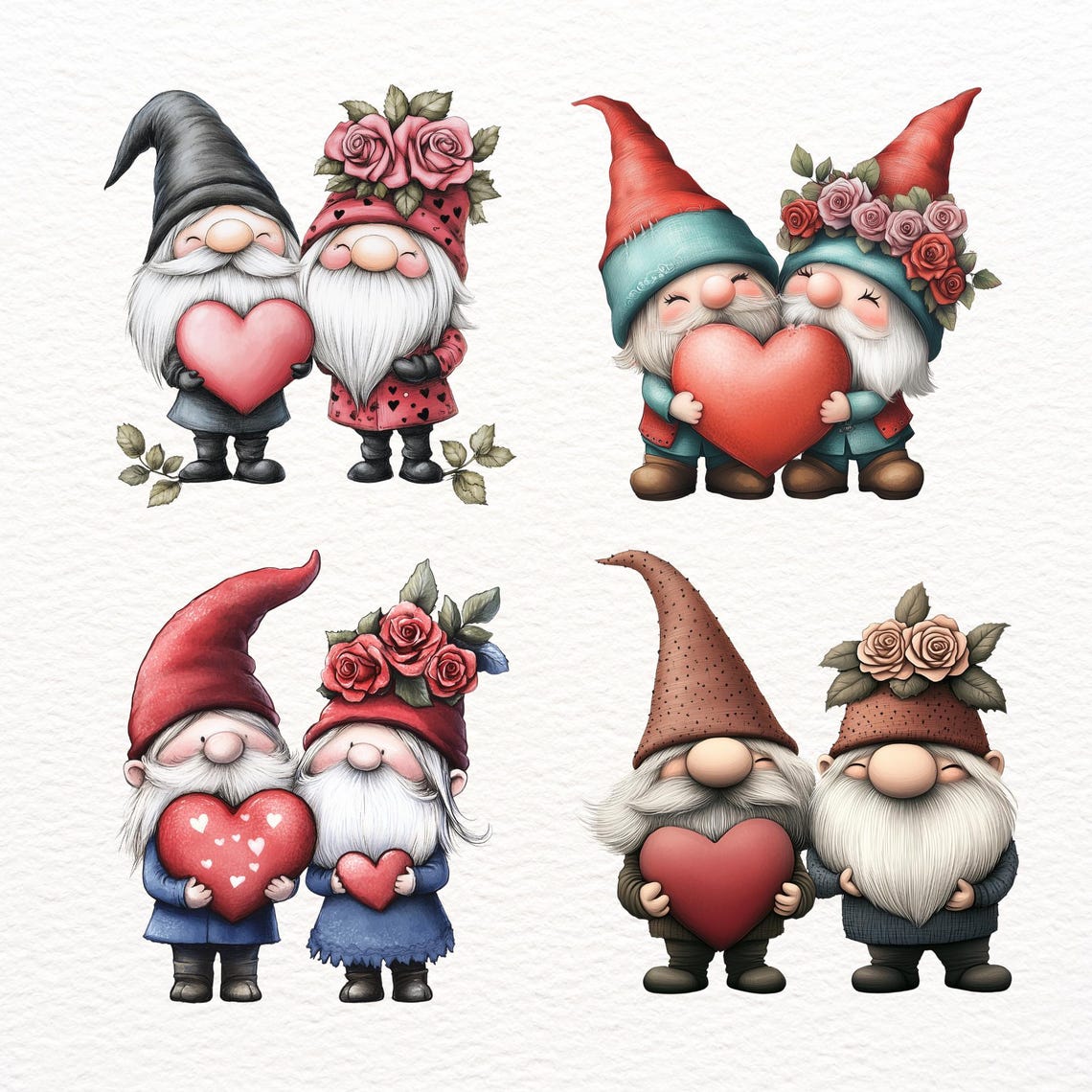 Valentine Gnome Couple Clip Art, Watercolor Gnomes Partners Image, Love ...