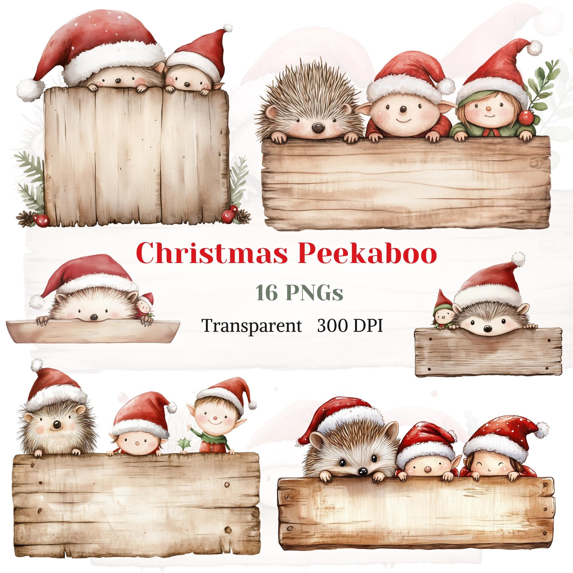Christmas Peekaboo Clipart, Watercolor Christmas Elf Santa Hedgehog ...