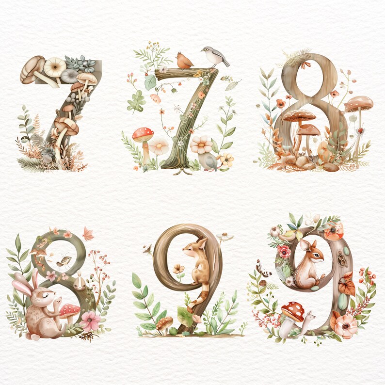 Woodland Numbers Clipart, Watercolor Forest Birthday Graphic, First ...