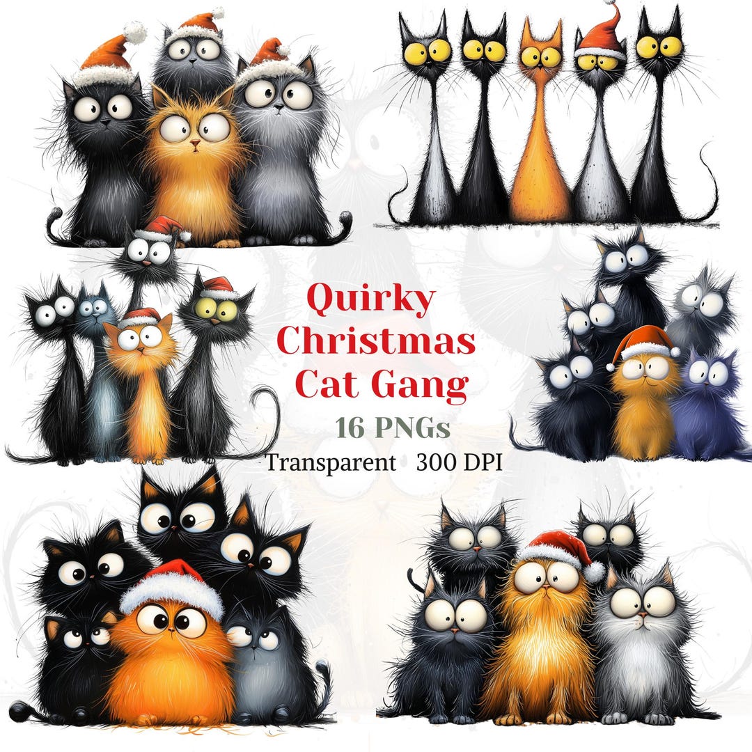 Quirky Christmas Cat Gang Clipart Whimsical Kitten Sublimation Clip Art ...