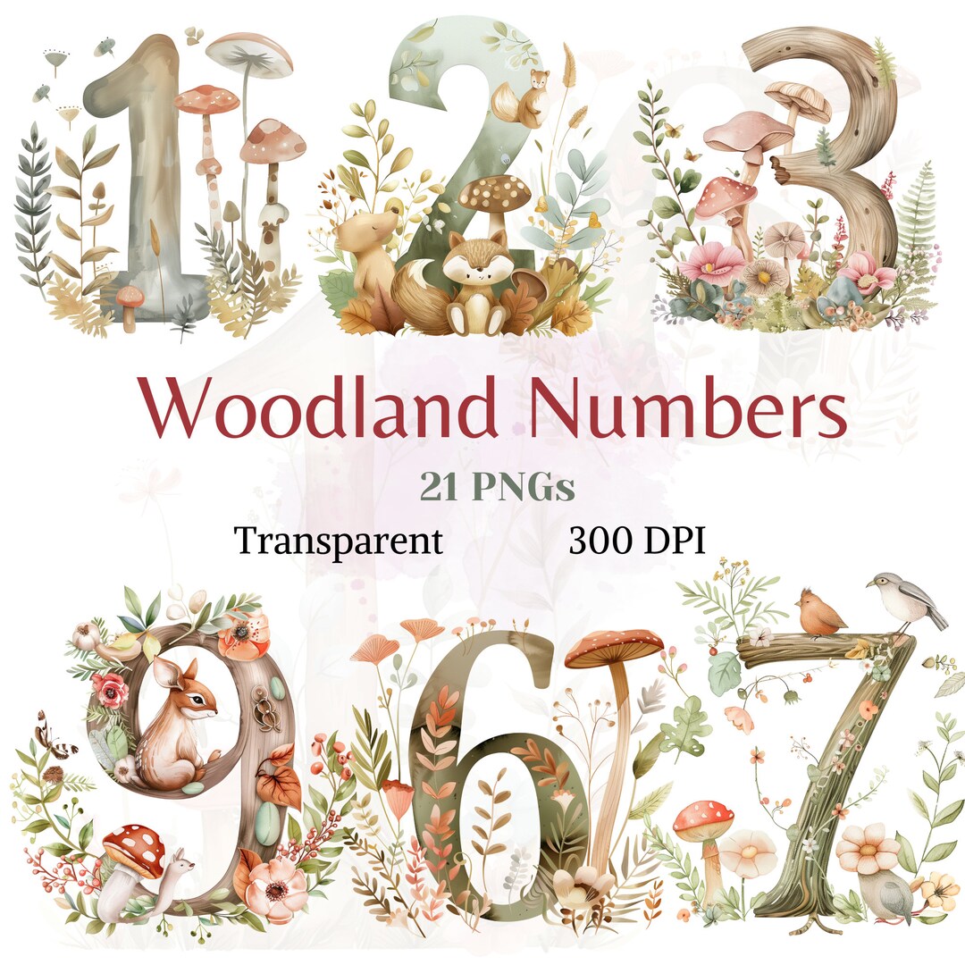 Woodland Numbers Clipart, Watercolor Forest Birthday Graphic, First ...