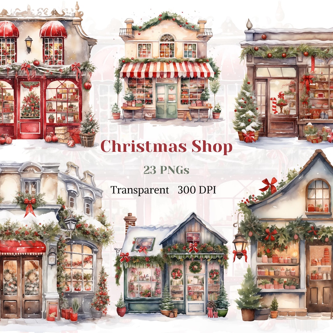 Christmas Shop Clipart, Watercolor Christmas Image, Christmas Decor ...