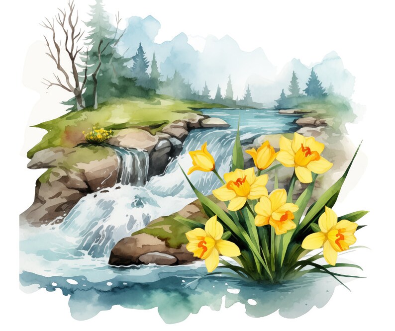 Spring Cottage Clipart, Watercolor Spring Landscape PNG, Stream River ...