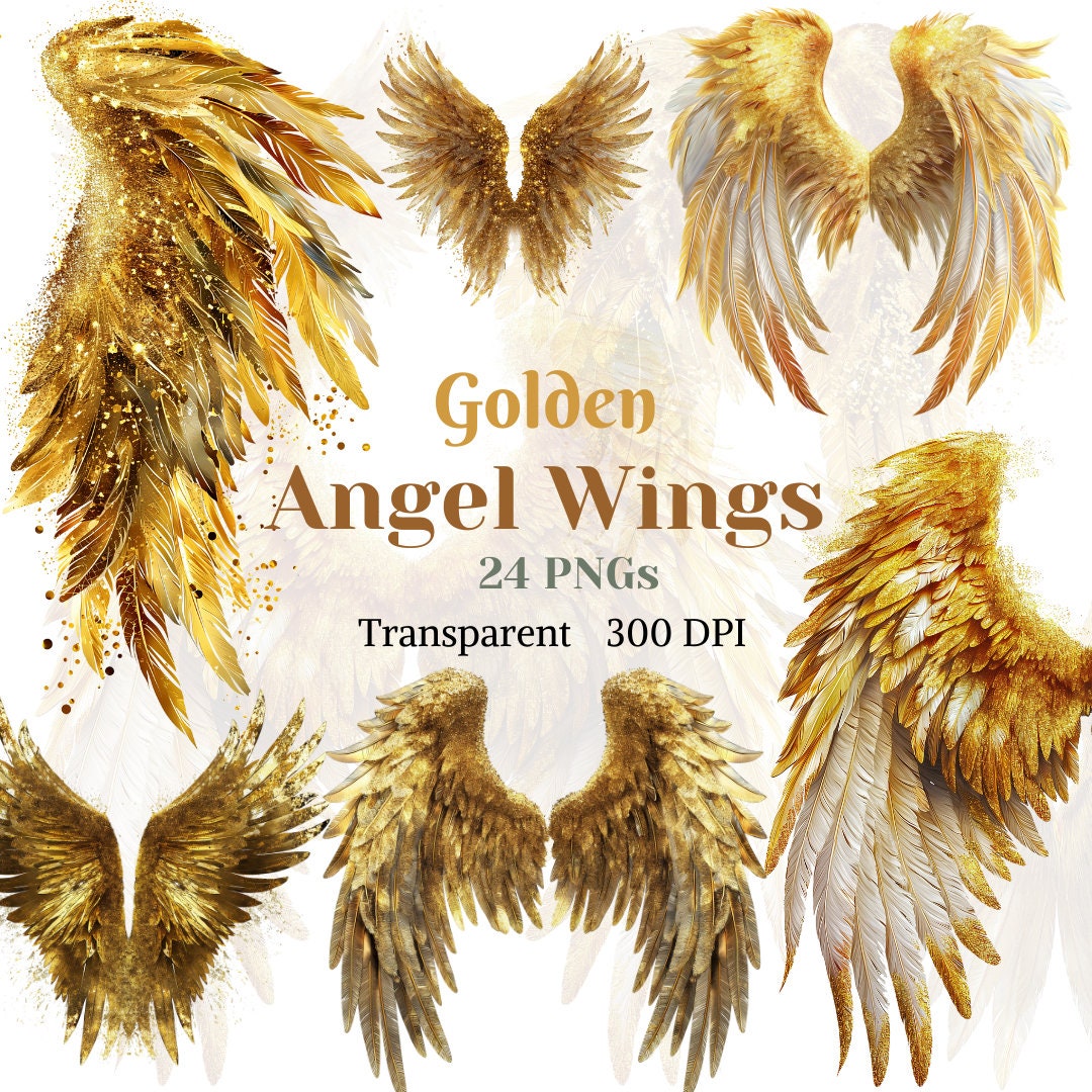 24 Golden Angel Wings Clip Art: Transparent, Watercolor Collection ...