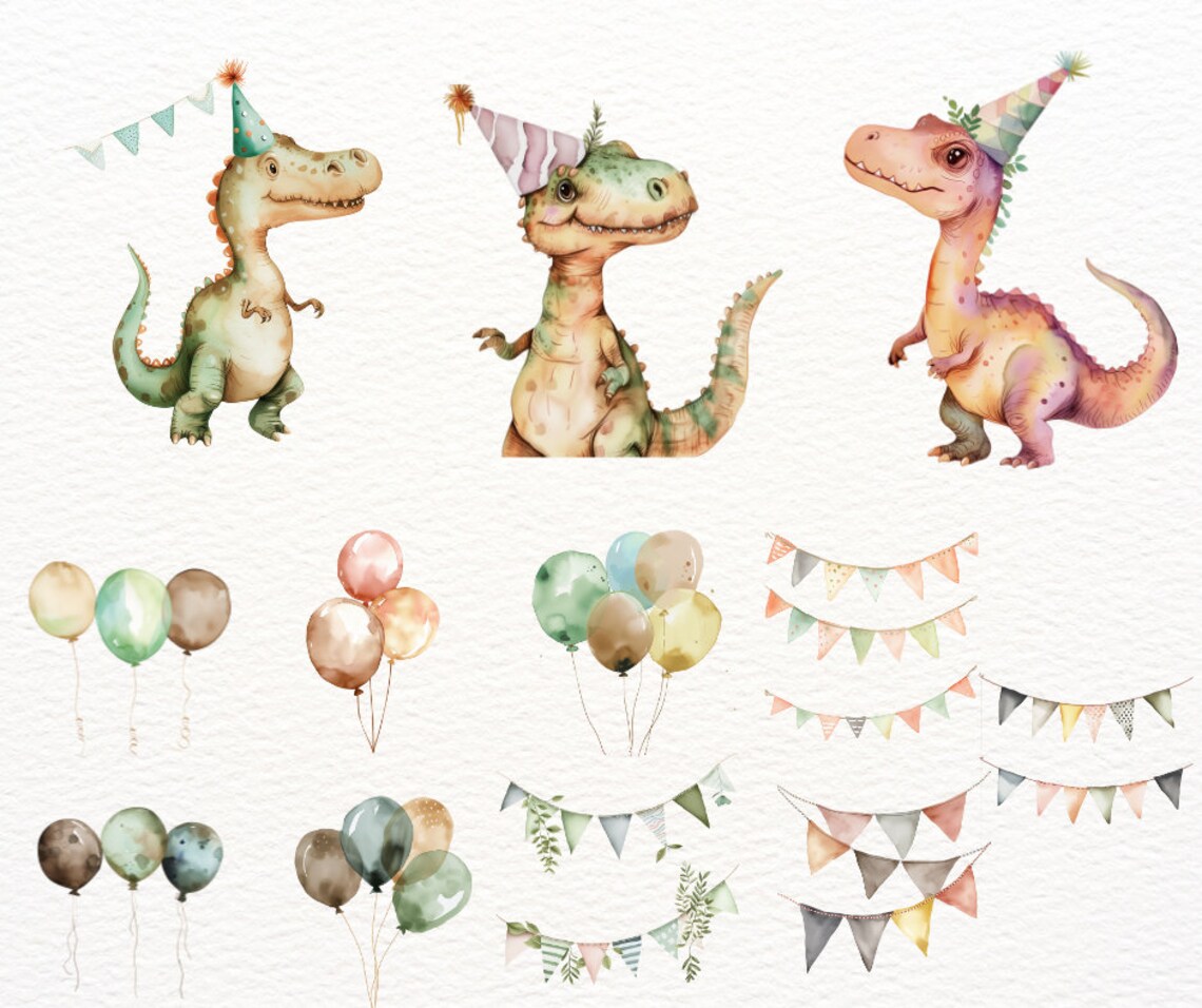 Party Dinosaur Clipart, Watercolor Birthday Dinosaur PNG, Baby Shower ...