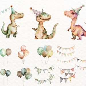 Party Dinosaur Clipart, Watercolor Birthday Dinosaur PNG, Baby Shower ...
