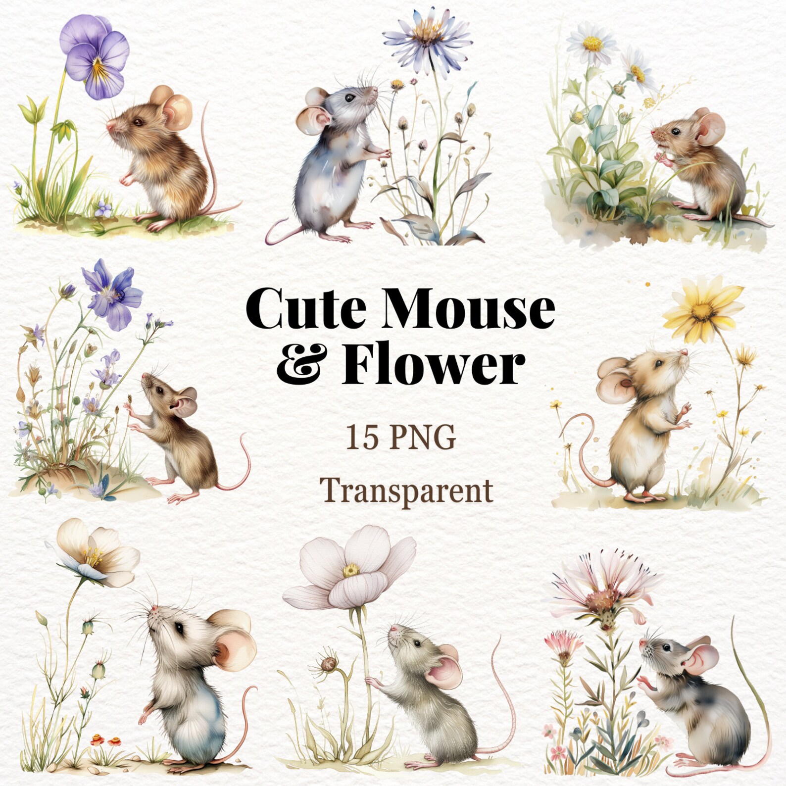Cute Mouse and Flower Clipart Watercolor Transparent PNG Mice Floral ...