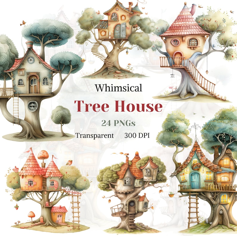 Whimsical Tree House Clipart Watercolor Transparent PNG Tree House ...