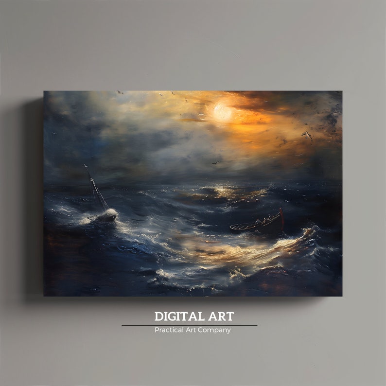 Printable Angry Ocean Oil Painting Sail Boats Image Vintage Seascape ...