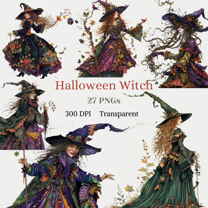 Halloween Witch Clipart, Watercolor Witch PNG, Whimsical Witch Graphic ...