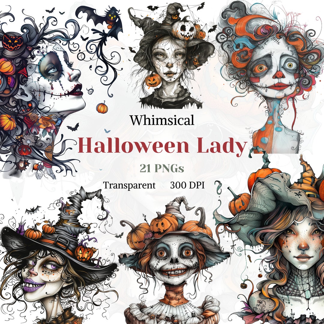 Whimsical Halloween Lady Clipart Watercolor Transparent PNG Halloween ...
