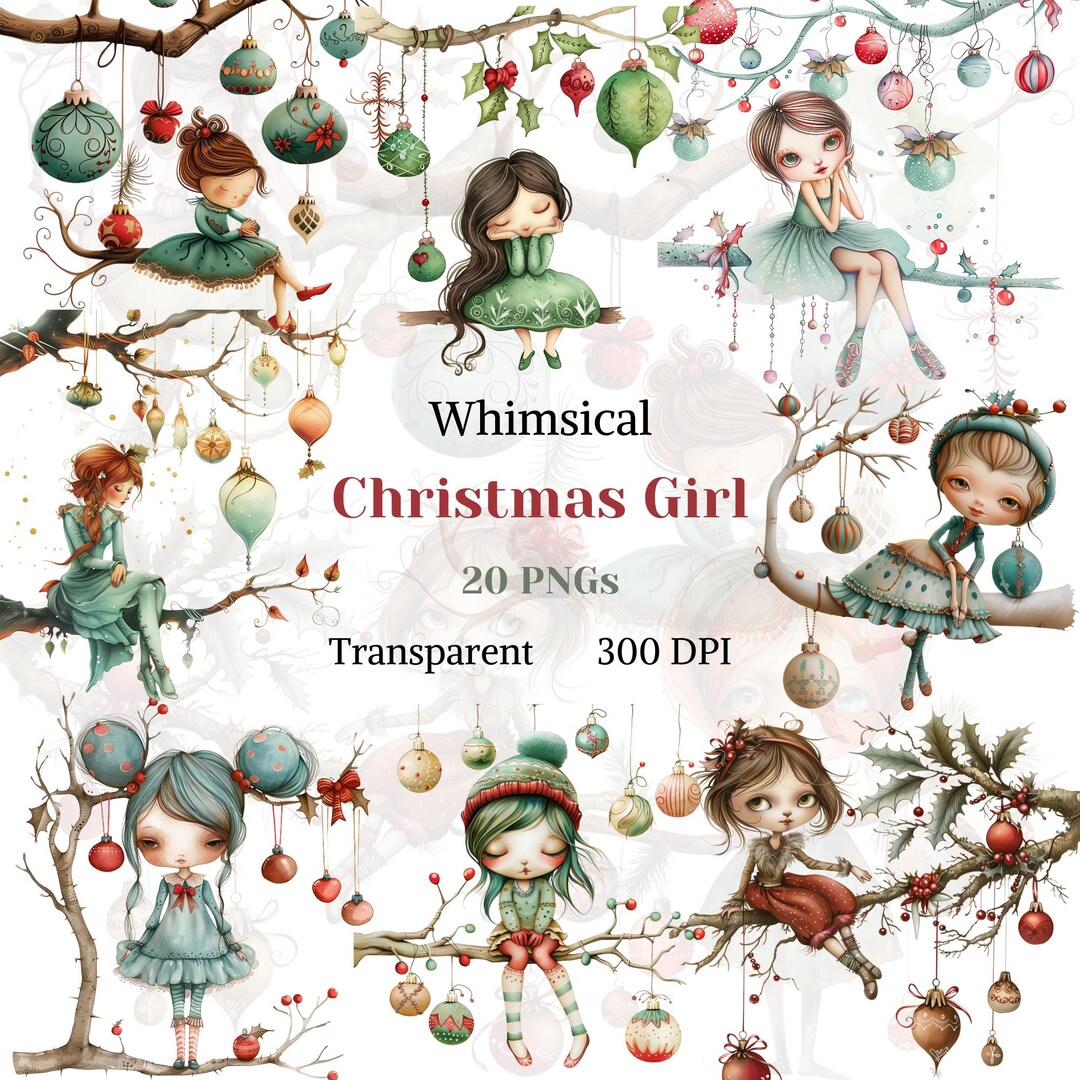 Whimsical Christmas Girl Clipart Watercolor Transparent PNG Cute Noel ...