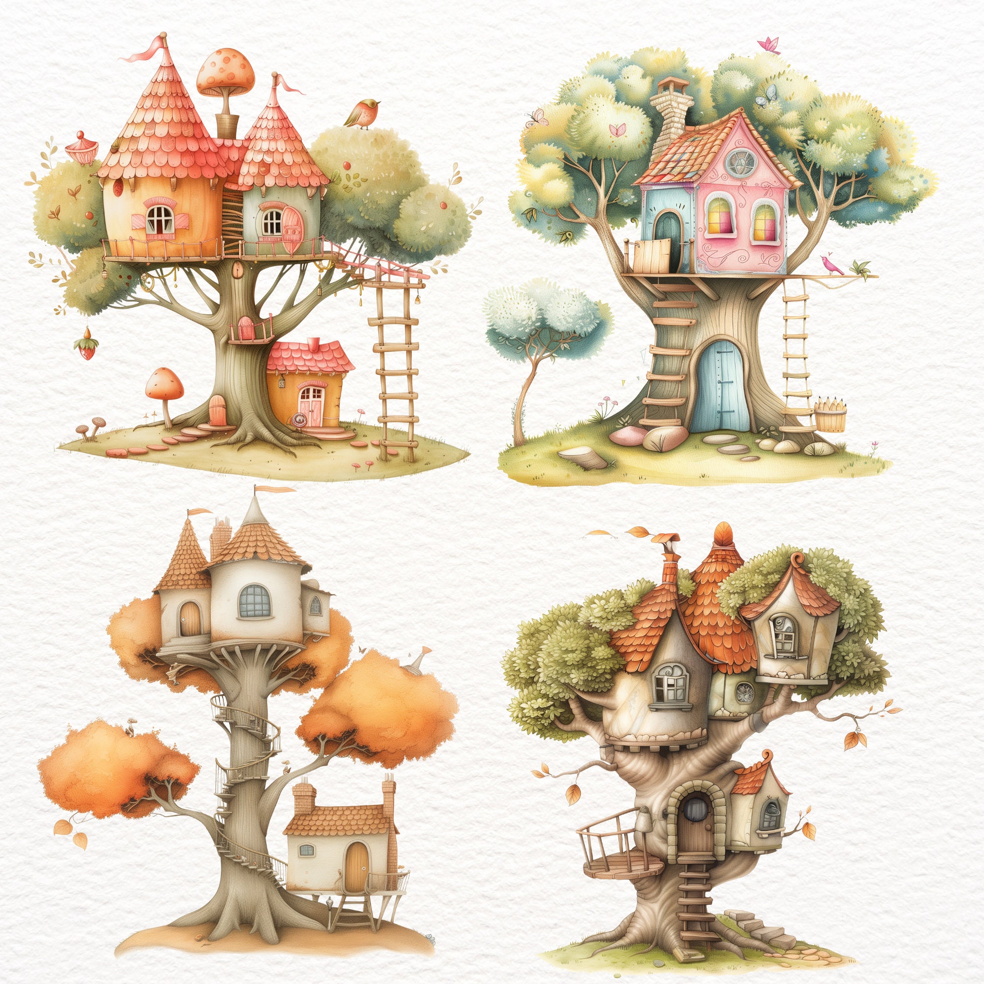Whimsical Tree House Clipart Watercolor Transparent PNG Tree House ...