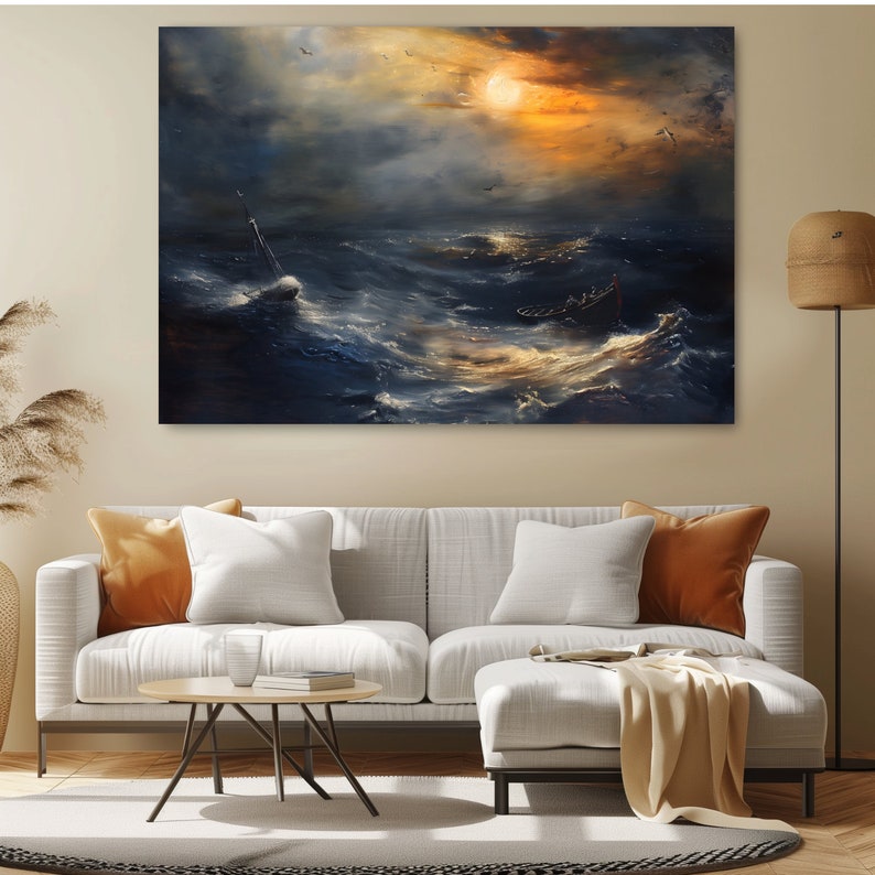 Printable Angry Ocean Oil Painting Sail Boats Image Vintage Seascape ...