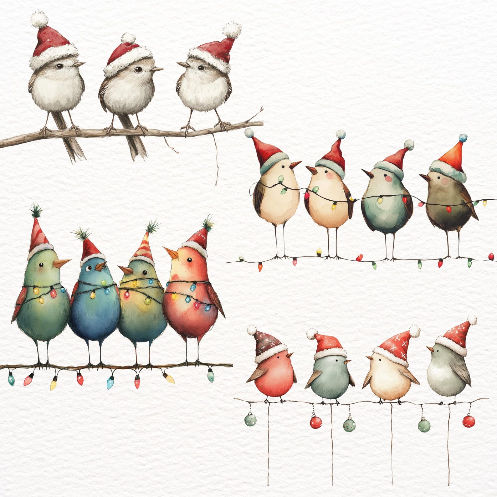 Whimsical Christmas Birds Clipart, Watercolor Cute Funny Bird PNG ...