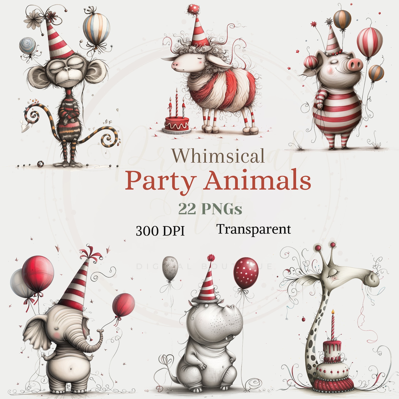 Whimsical Party Animals Clipart Quirky Funny Animal Image Transparent ...