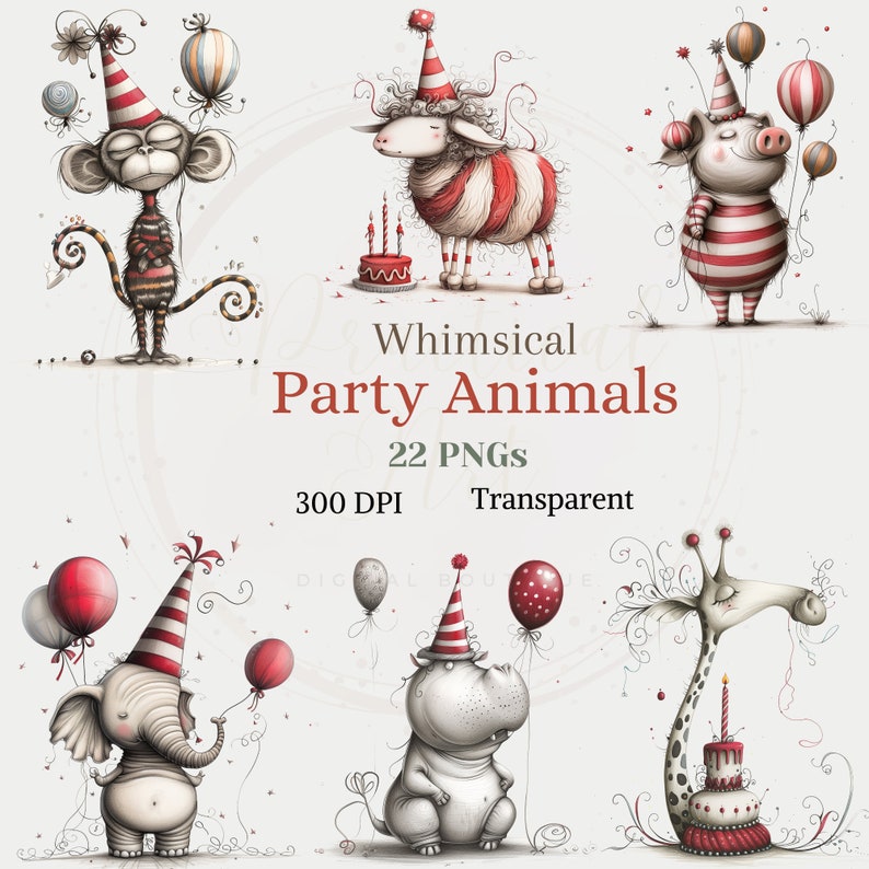 Whimsical Party Animals Clipart Quirky Funny Animal Image Transparent ...