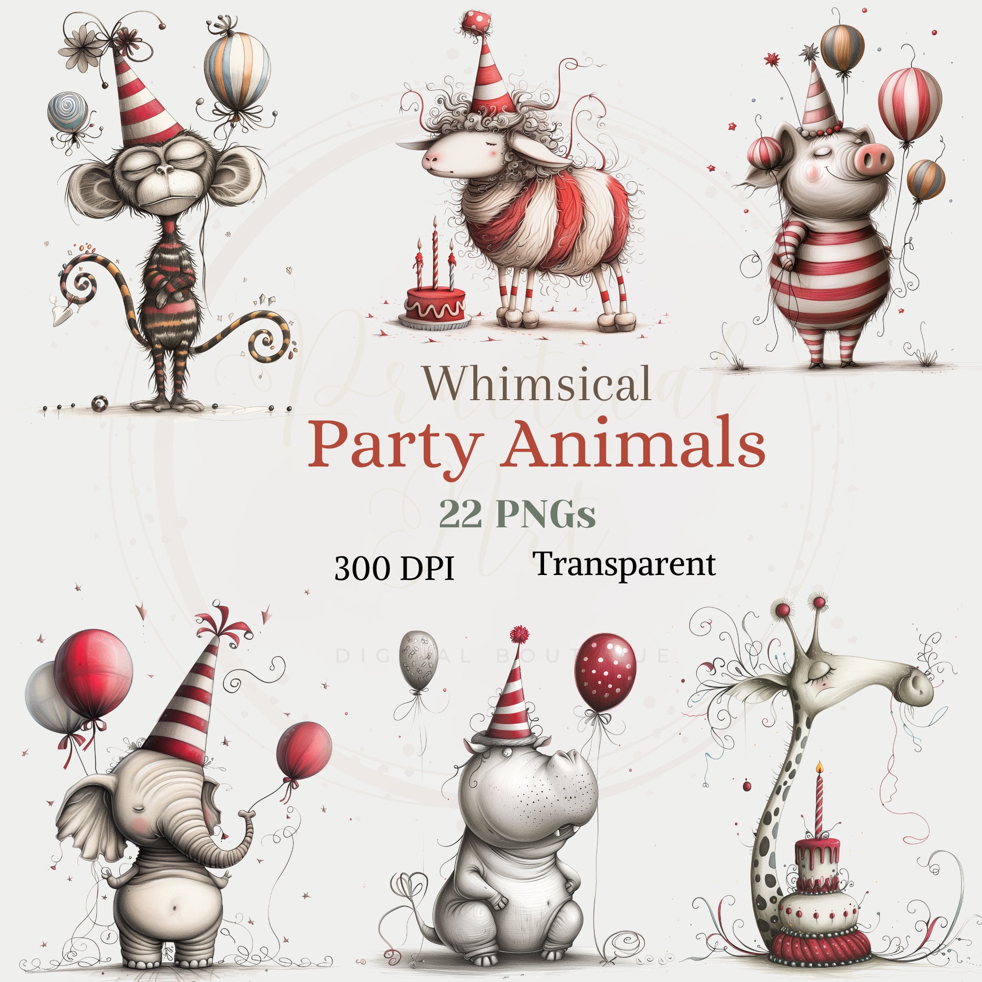 Whimsical Party Animals Clipart Quirky Funny Animal Image Transparent ...