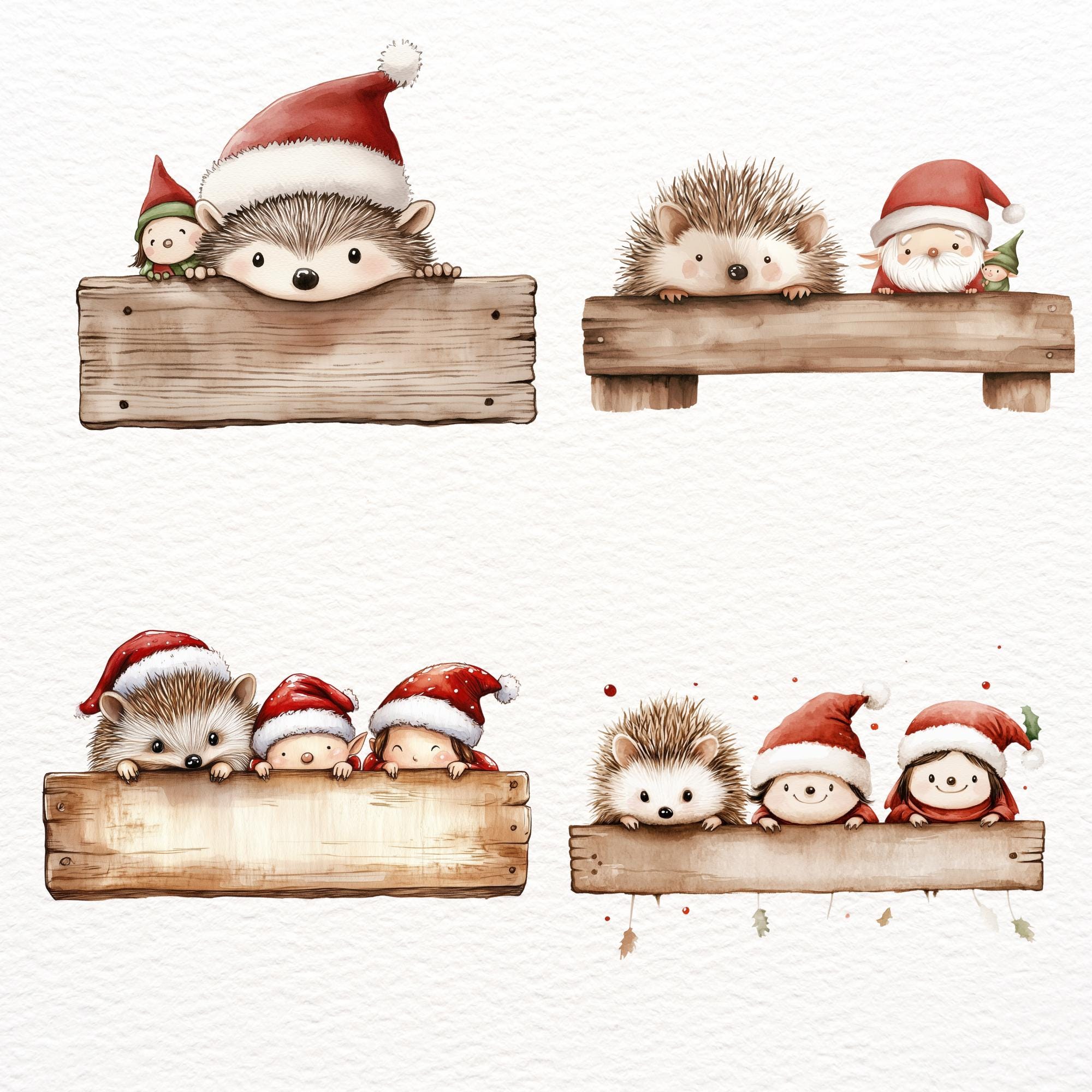 Christmas Peekaboo Clipart, Watercolor Christmas Elf Santa Hedgehog ...