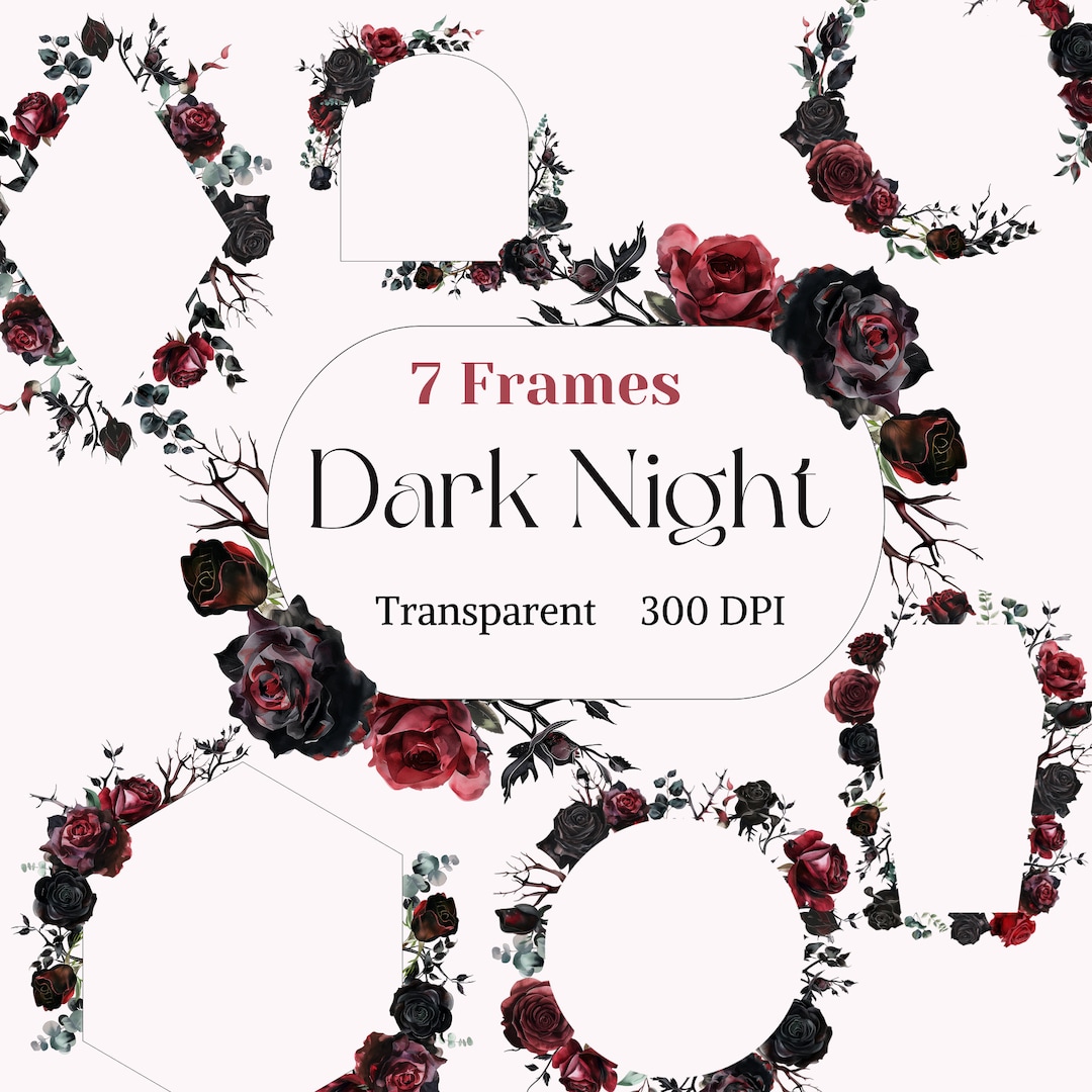 Dark Night Clipart, Black Red Rose Flower Wreath PNG, Flower Frame ...