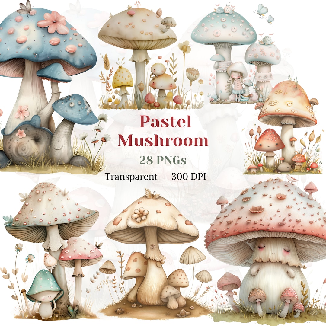 Pastel Mushroom Clipart, Watercolor Whimsical Mushroom PNG, Forest ...