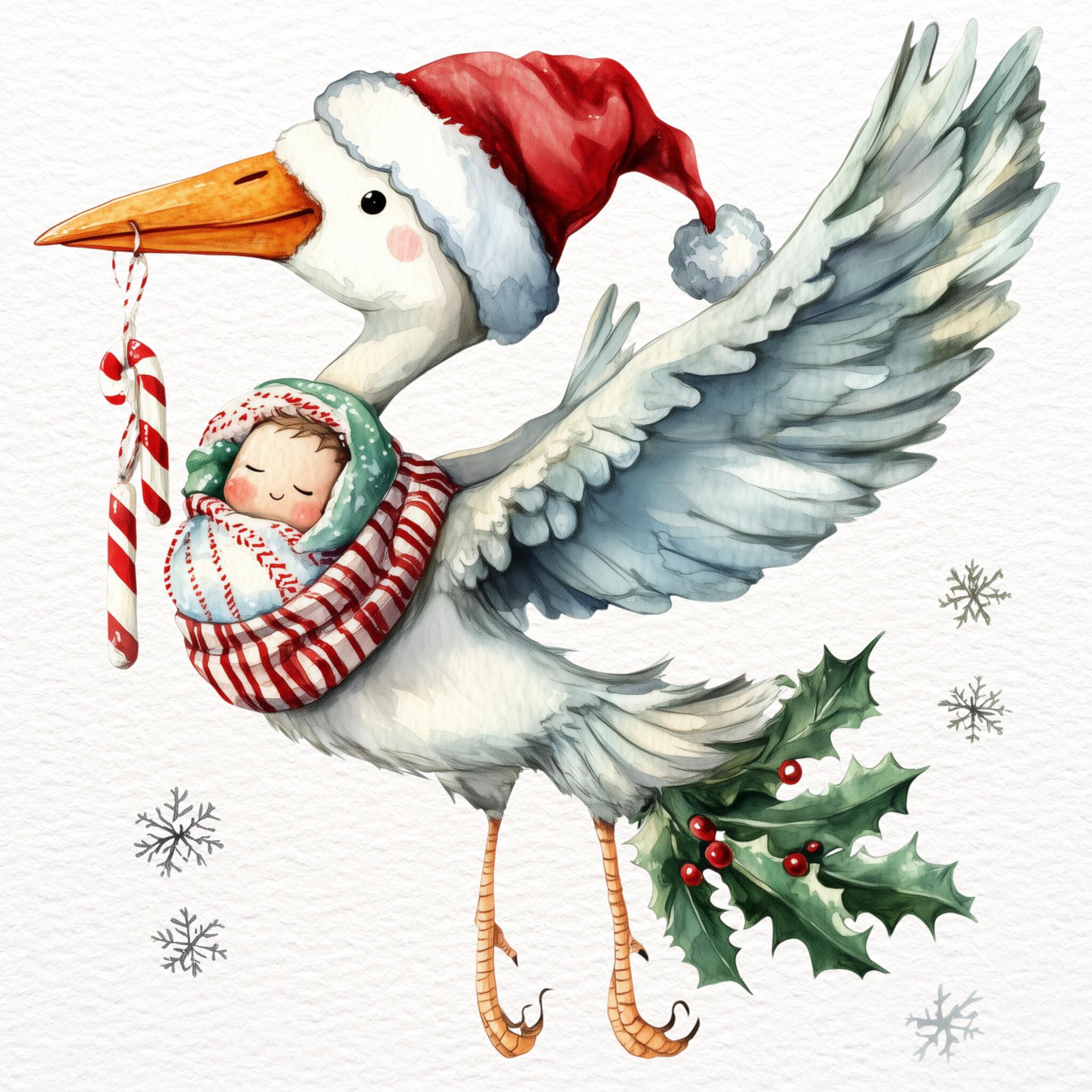 Stork Delivering Baby Clipart, Watercolor Christmas Stork PNG, Winter ...