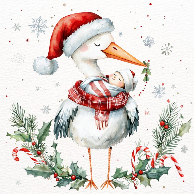 Stork Delivering Baby Clipart, Watercolor Christmas Stork PNG, Winter ...
