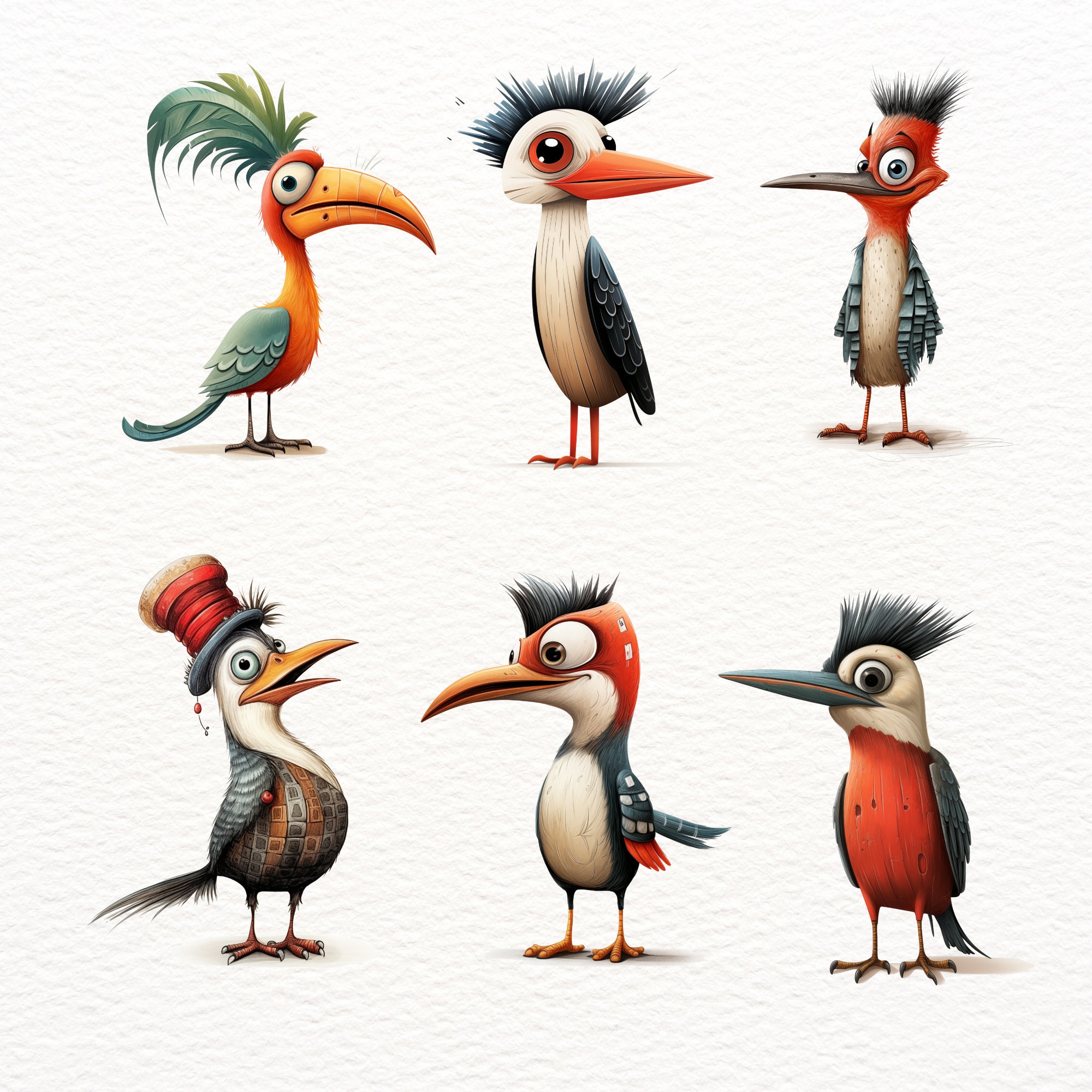 Whimsical Birds Clip Art, Quirky Bird PNG, Funny Animal Graphic, Big ...