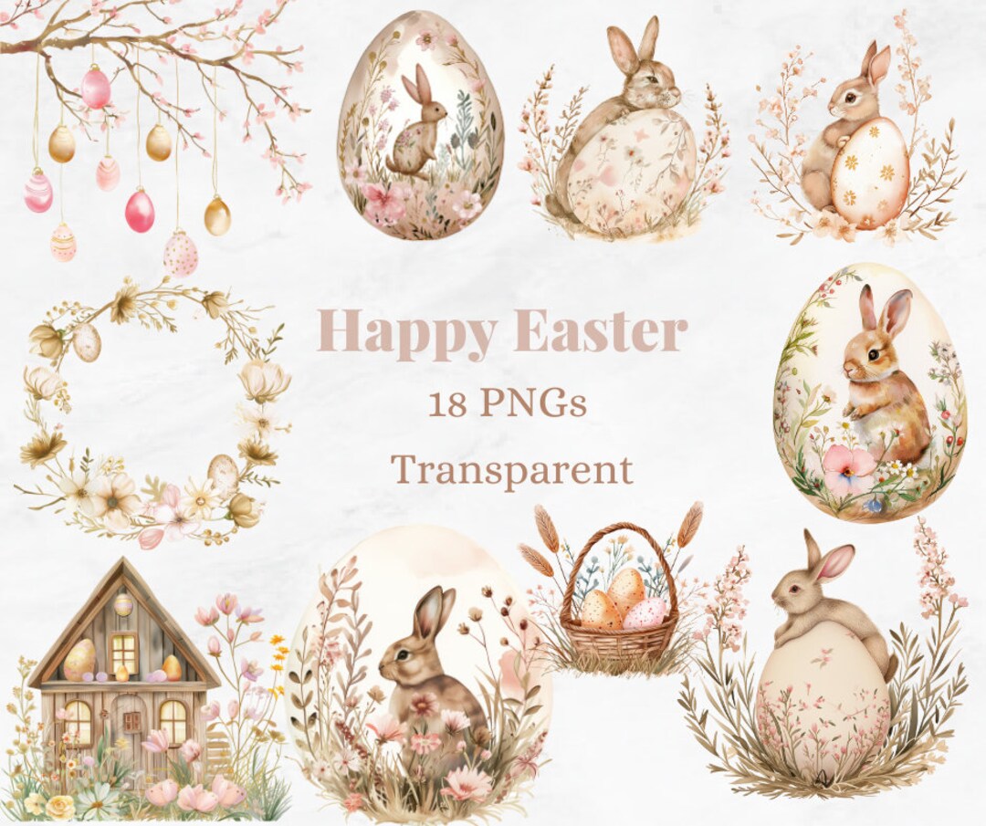 Happy Easter Clip Art, Watercolor Easter Bunny Egg PNG, Easter Egg ...