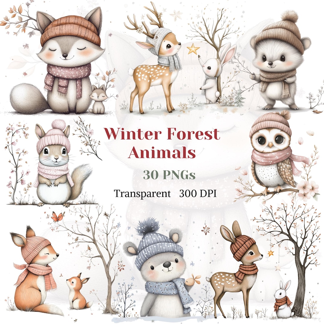 Winter Forest Animals Clipart, Watercolor Cute Adorable Animal PNG ...