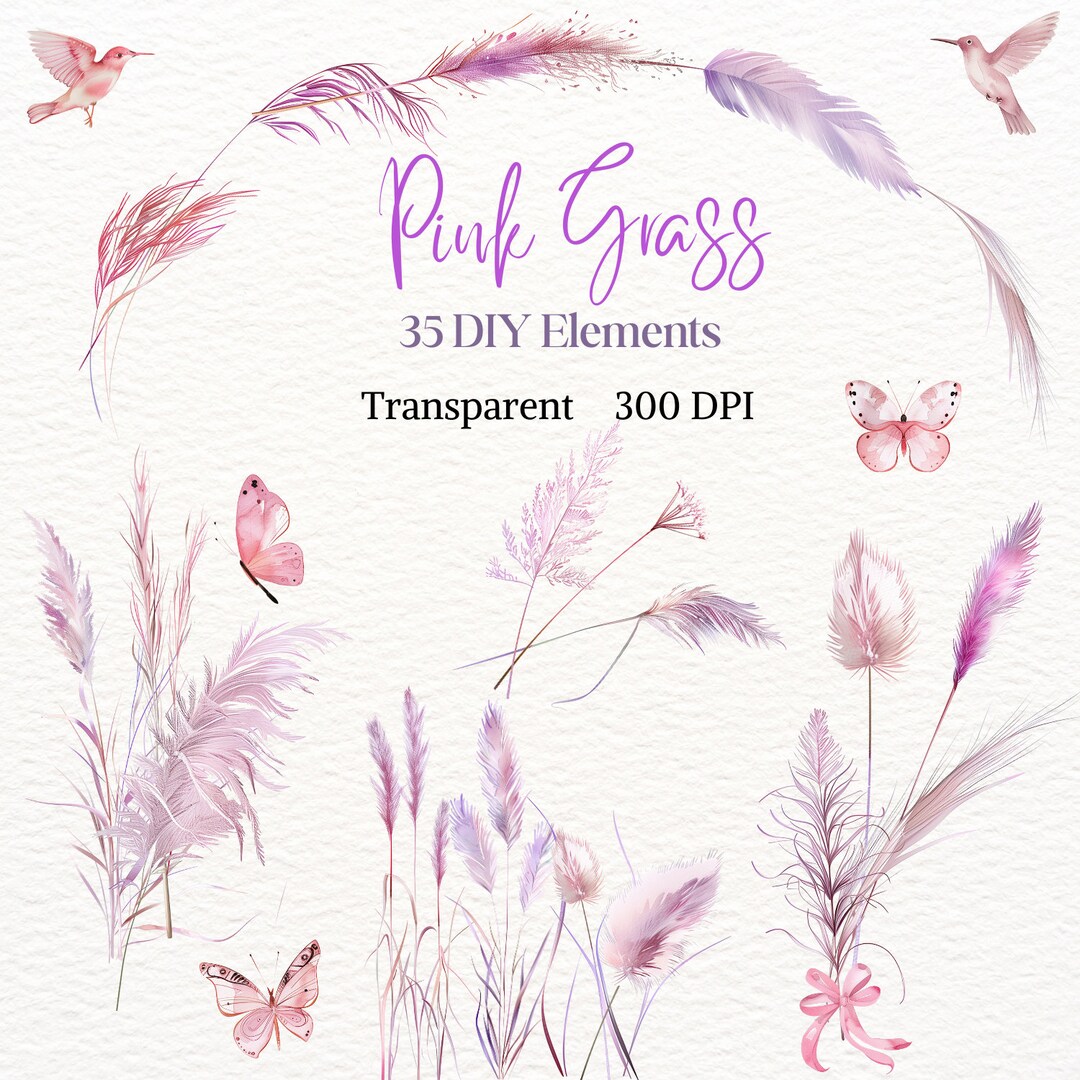 Pink Grass Clipart, Watercolor Pampas Grass PNG, Bohemian Grass Image ...
