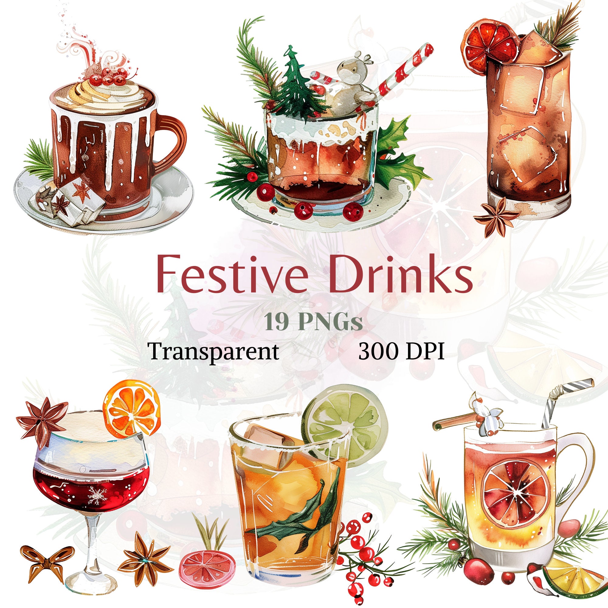 Festive Drinks Clipart, Watercolor Christmas Drink PNG, Winter Drink ...