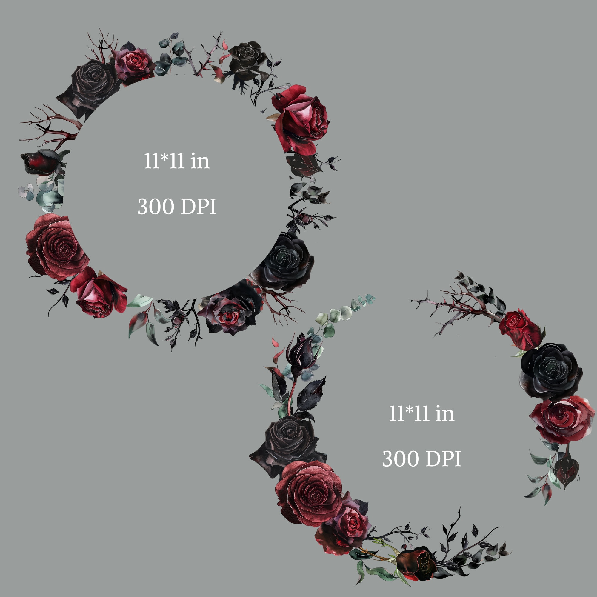 Dark Night Clipart, Black Red Rose Flower Wreath PNG, Flower Frame ...