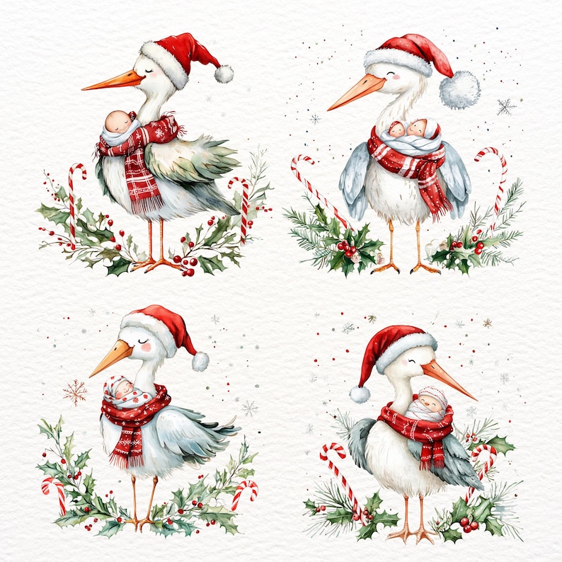 Stork Delivering Baby Clipart, Watercolor Christmas Stork PNG, Winter ...